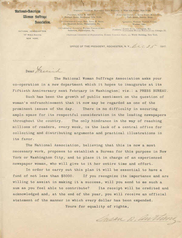 Autograph - 1007378 - Typed letter signed by women's suffragist Susan B ...