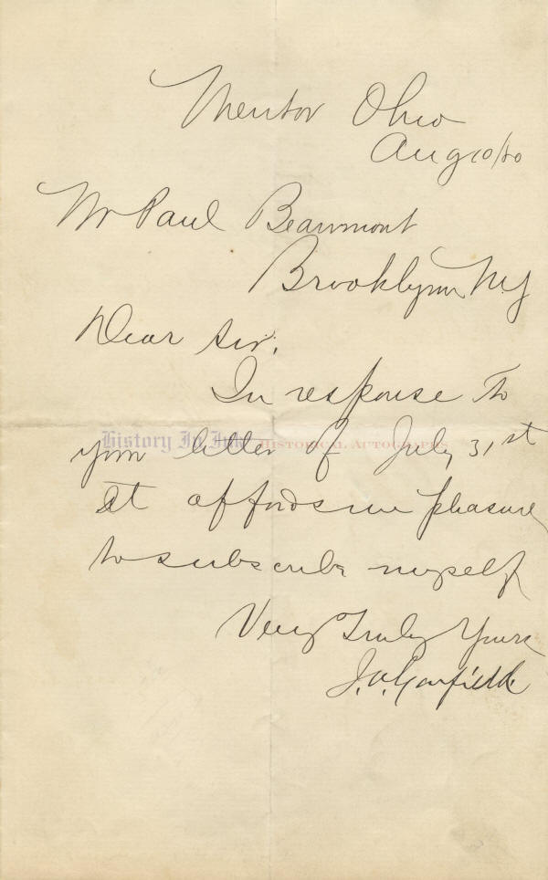 Autograph - 1214001 - Handwritten letter by President James A. Garfield ...