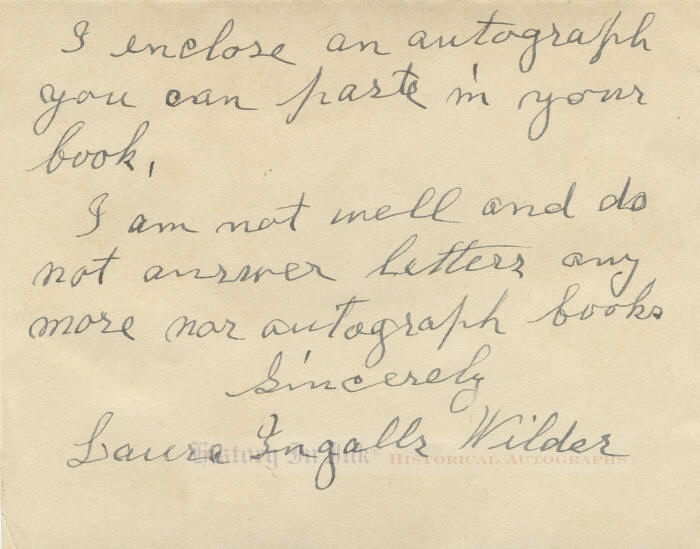 Laura Ingalls Wilder Autograph - 1334001 - Handwritten note from Wilder ...