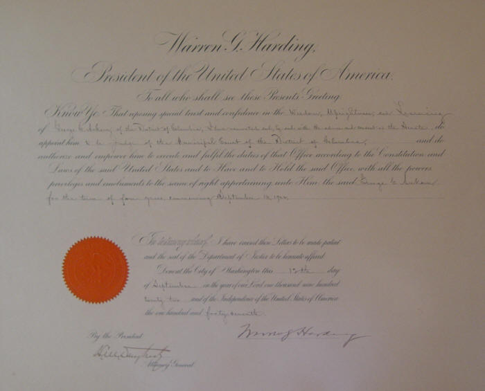 Warren G. Harding Autograph - beautiful framed appointment, 9-12-1922