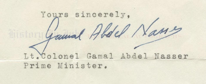 Nasser Autograph - typed letter by the Egyptian Prime Minister, 5-11-1955