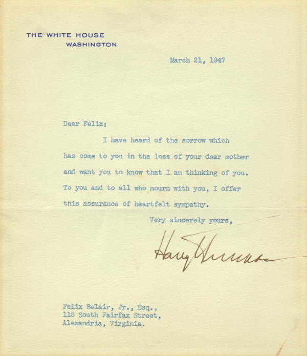 Autograph - 923501 - typed lettersigned by President Harry S. Truman ...